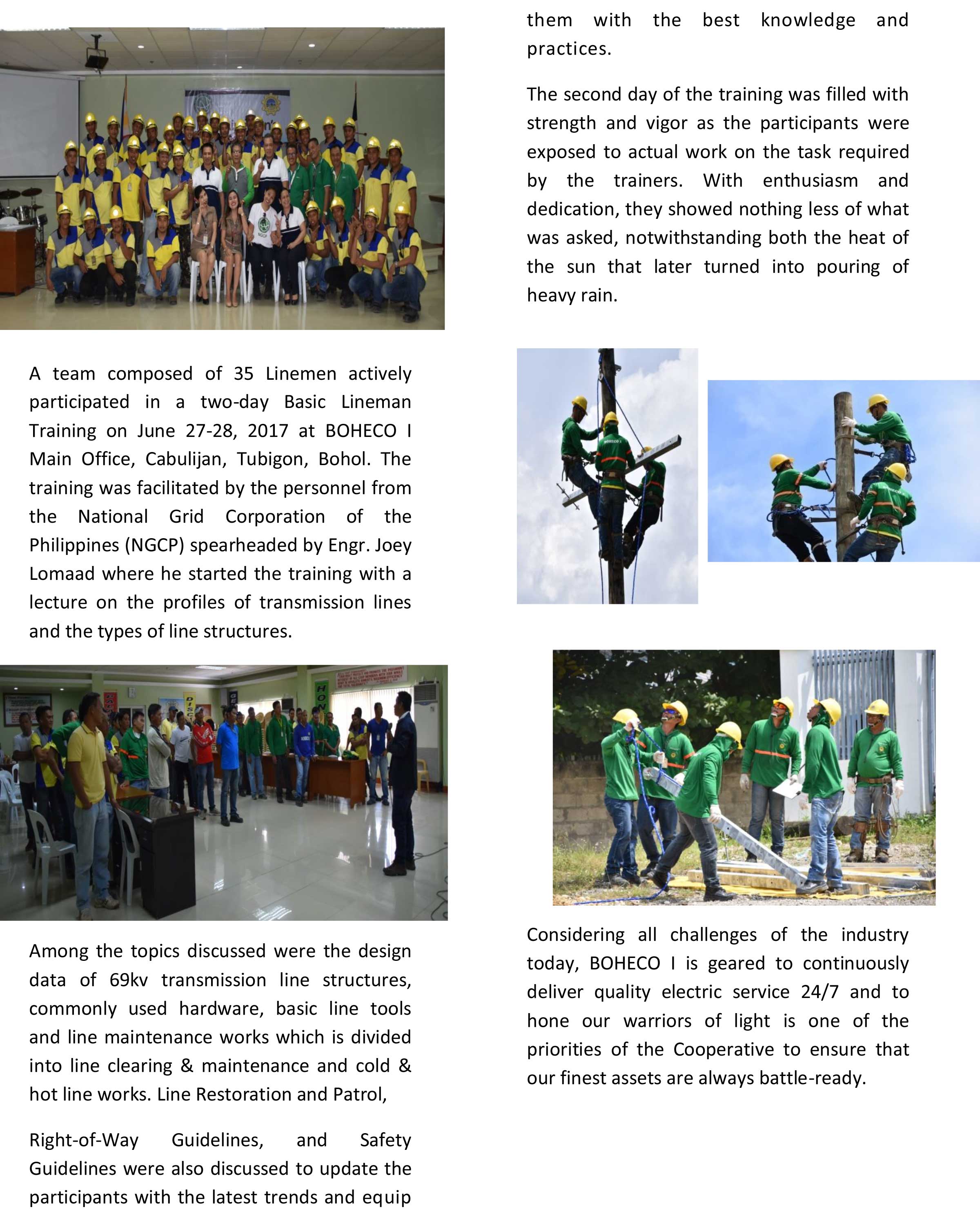 BOHECO I CONDUCTS BASIC LINEMAN’S TRAINING - BOHECO I