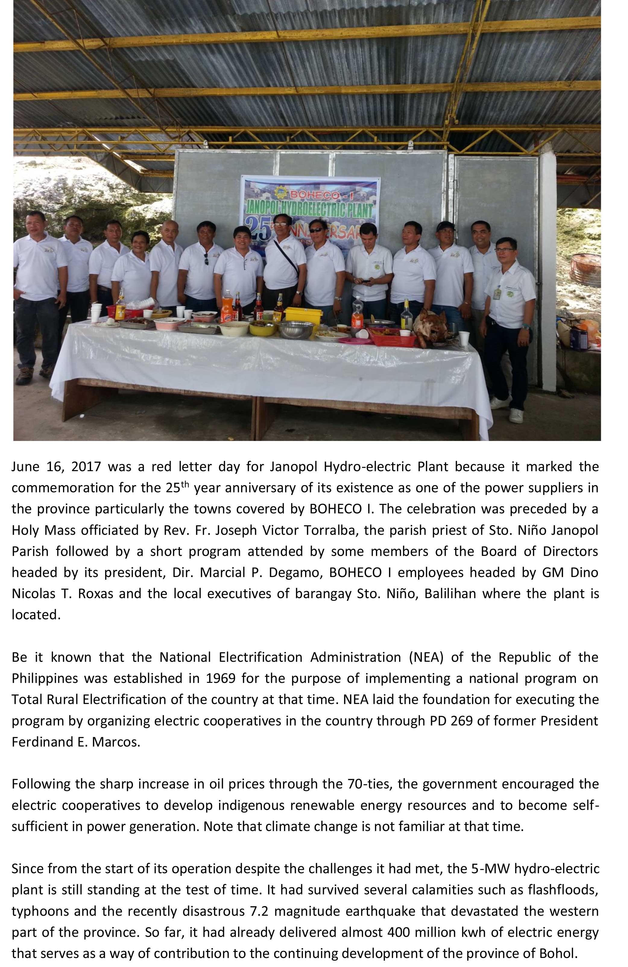 JANOPOL HYDRO-ELECTRIC PLANT CELEBRATES SILVER ANNIVERSARY - BOHECO I